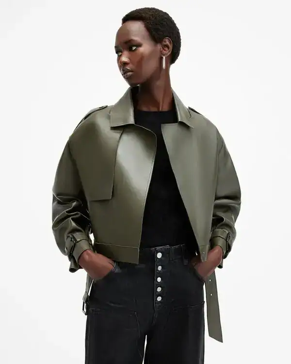 Allsaints Ophelia Cropped Bonded Leather Jacket In Khaki Green